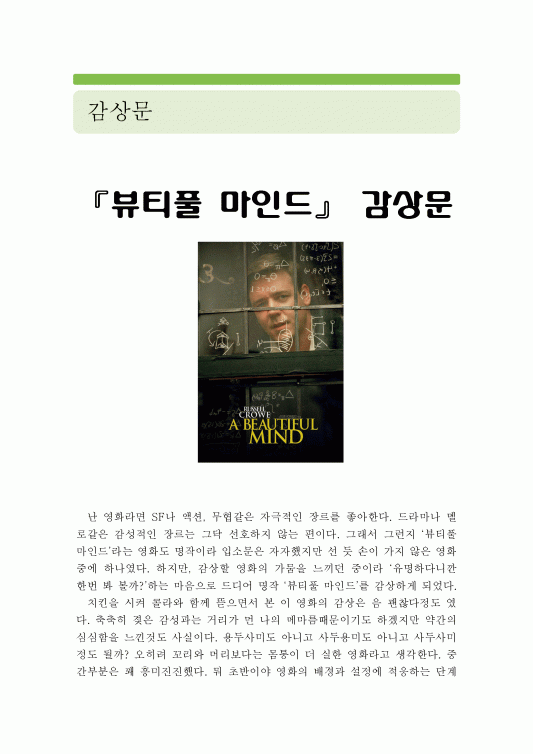 뷰티풀 마인드 영화 감상문 (뷰티풀 마인드 영화감상문, 뷰티풀 마인드 감상문, 뷰티풀 마인드 후기,뷰티풀 마인드 정신분열, 뷰티풀 마인드 독후감,간호, 줄거리)