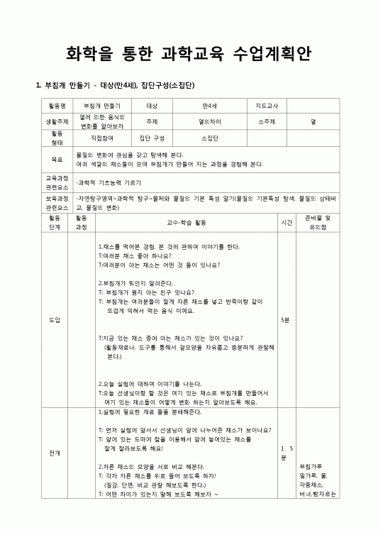 [아동수과학지도]화학을 통한 과학교육 수업계획안 - 부침개 만들기(대상-만4세, 집단구성-소집단), 투명계란이 되는 과저을 관찰해보아요(대상-만3세, 집단구성-소집단)