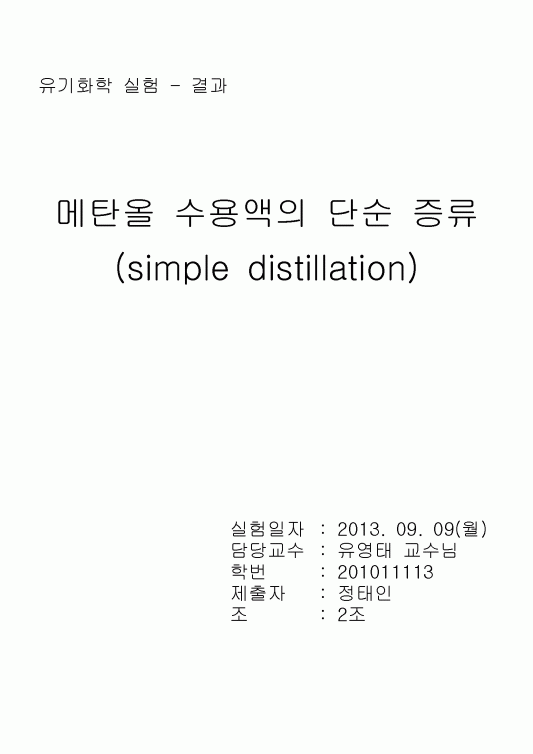 [유기화학 실험] 01. 메탄올 수용액의 단순 증류(simple distillation) 결과 : 물과 메탄올의 2성분계를 시료로 하여 단순증류를 행하고 단순증류의 의의를 이해한다.