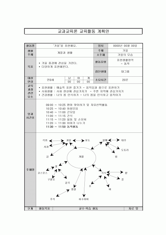 [유아교과교육론] <교육(부분)활동(수업)계획안> (만3세/표현생활영역,동작/대그룹) - 활동명 : 가을을 표현해요 / 생활주제 : 계절과 생활 / 주제 : 가을 / 소주제 : 가을의 모습