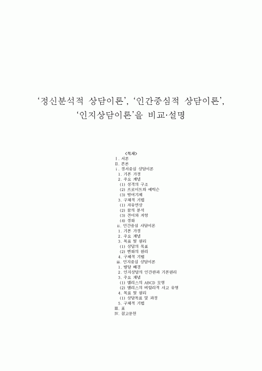 ‘정신분석적 상담이론’, ‘인간중심적 상담이론’, ‘인지적 상담이론’을 비교 및 설명