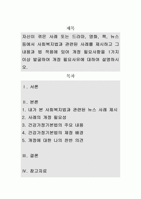 자신이 겪은 사례 또는 드라마, 영화, 책, 뉴스 등에서 사회복지법과 관련된 사례를 제시하고 그 내용과 법 적용에 있어 개정 필요사항을 1가지 이상 발굴하여 개정 필요사유에 대하여