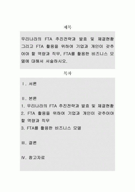 우리나라의 FTA 추진전략과 발효 및 체결현황 그리고 FTA 활용을 위하여 기업과 개인이 갖추어야 할 역량과 직무, FTA를 활용한 비즈니스 모델에 대해서 서술.