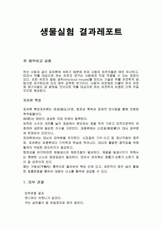 생물실험 쥐 해부 결과레포트 (쥐 해부비교 실험, 내부관찰, 외부관찰, 쥐의 각 기관들의 위치와 기능)