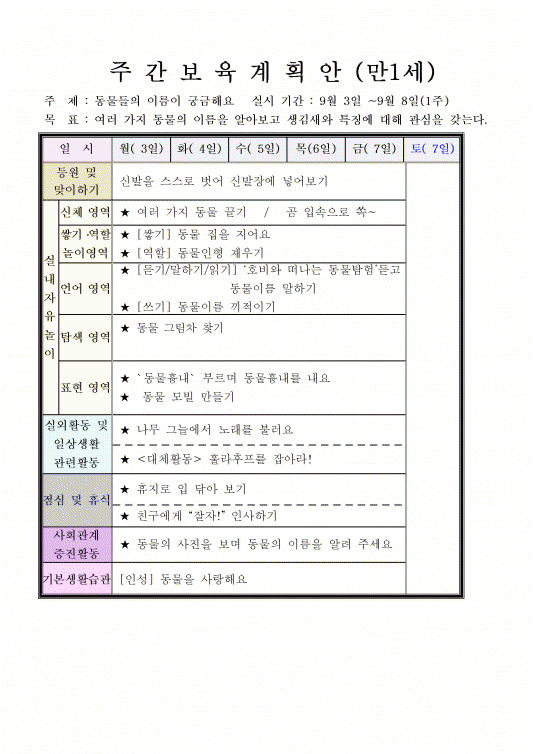 2012학년도 평가인증 통과한 만1세 9월 동물 / 추석 보육일지(보육실습일지) - 주제 : 동물이 좋아요