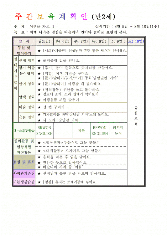2013학년도 평가인증 통과한 만2세 8월 재미있는 여름이에요2 / 가족이있어요 보육일지(보육실습일지)