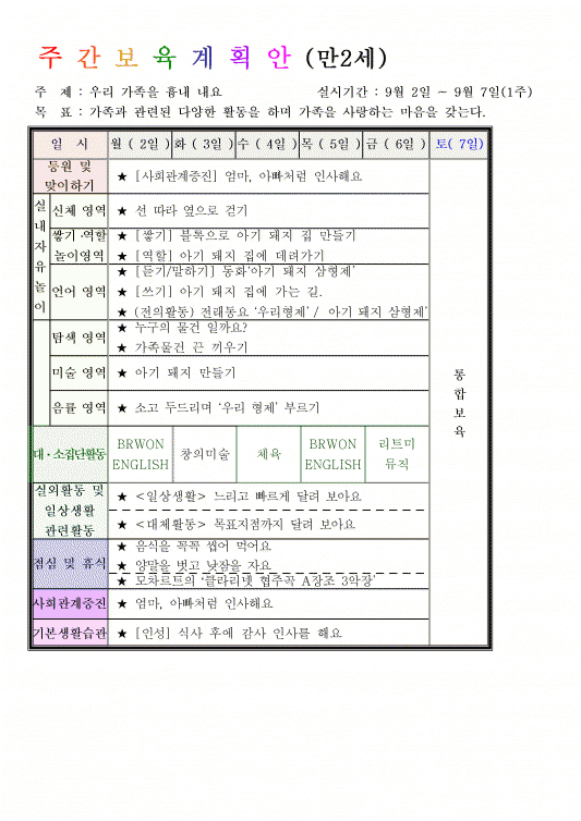 2013학년도 평가인증 통과한 만2세 9월 가족이있어요1 / 알록달록 가을이예요 보육일지(보육실습일지)