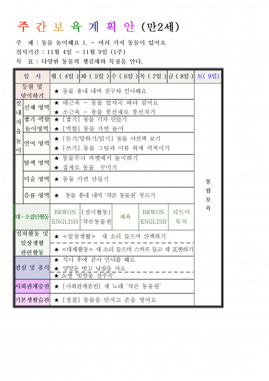 2013학년도 평가인증 통과한 만2세 11월 동물 놀이해요1 보육일지(보육실습일지)