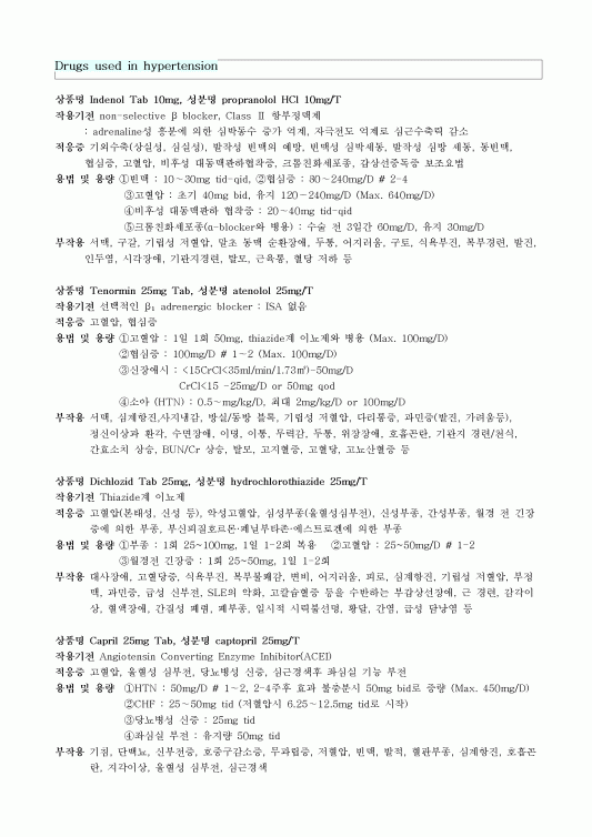 순환기계 약물 정리 - Drugs used in hypertension, Drugs used in angina, Antiarrhythmic drugs, Drugs used in heart failure