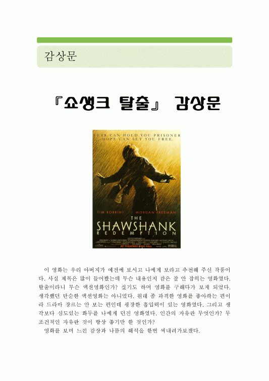 쇼생크 탈출 감상문(쇼생크 탈출 영화감상문,쇼생크 탈출 감상문,쇼생크 탈출 독후감, 쇼생크 탈출 줄거리, 쇼셍크 탈출 분석, 쇼생크 탈출 이해, 쇼생크 탈출 해석, 철학)