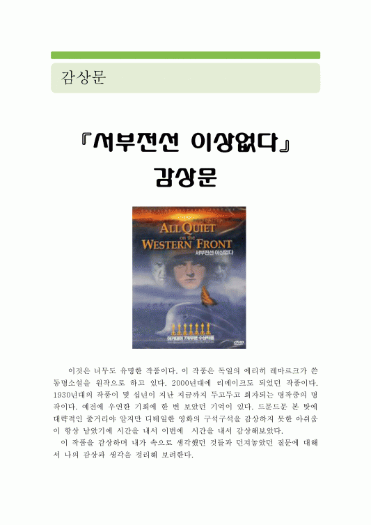 서부전선 이상없다 감상문(서부전선 이상없다 영화감상문,서부전선 이상없다 감상문, 서부전선 이상없다, 서부전선 이상없다 줄거리, 서부전선 이상없다 분석, 이해, 해석, 철학, 비평)