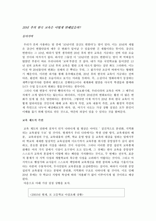 [교육학] 20년 후의 한국 교육 - 20년 후의 한국 교육은 어떻게 변해있을까? (교육 제도적 측면, 교육 내용적 측면, 교육 환경적 측면)