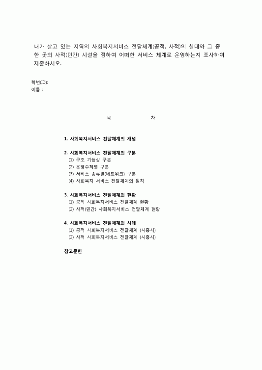 내가 살고 있는 지역의 사회복지서비스 전달체계(공적, 사적)의 실태와 그 중 한 곳의 사적(민간) 시설을 정하여 어떠한 서비스 체계로 운영하는지 조사하여 제출하시오 - 사회복지서비스 전달체계 : 시흥시