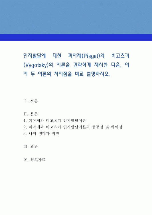 인지발달에 대한 피아제(Piaget)와 비고츠키(Vygotsky)의 이론을 간략하게 제시한 다음, 이어 두 이론의 차이점을 비교 설명.