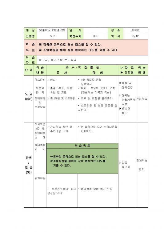 중학교 <체육 수업지도안> 농구 8차시 - 주제 : 패스