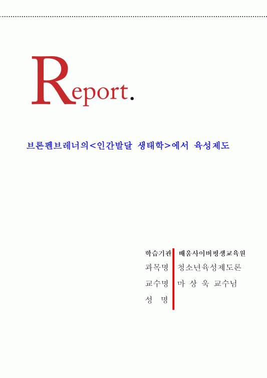청소년육성제도론 - 브론펜브레너(Bronfenbrenner)의 『인간발달 생태학』 에서 육성제도