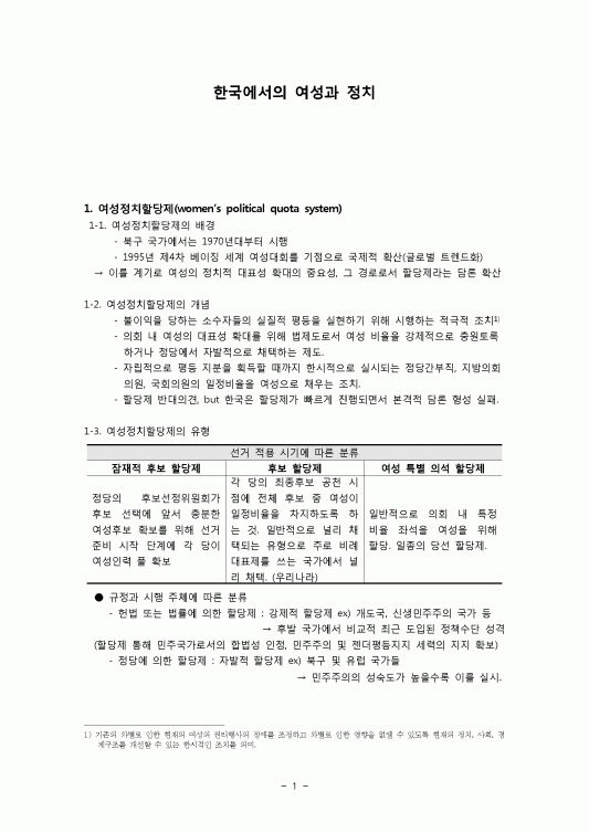 한국에서의 여성과 정치-여성정치할당제,여성정치할당제의 유형,한국의 여성 정치참여의 흐름,한국의 여성정치할당제