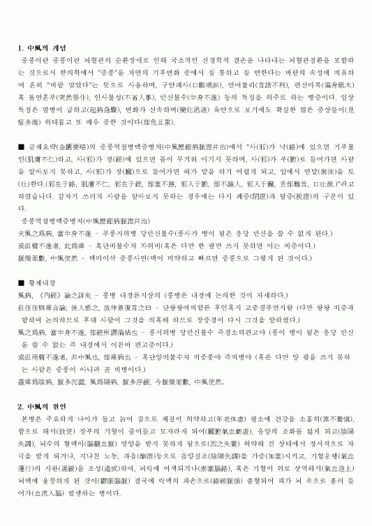 중풍에 대한 고찰 - 중풍(中風)의 개념, 원인, 증상, 변증시치(辨證施治), 변증요점(辨證要点), 류증감별(類證鑑別), 후유증(後遺症)