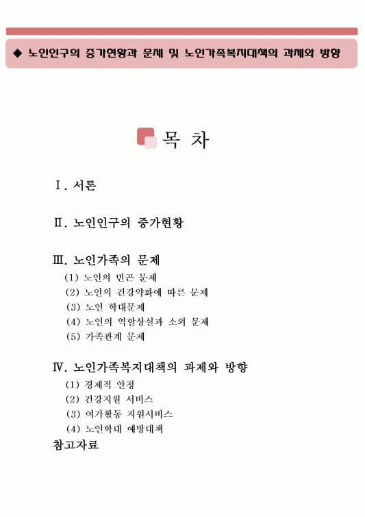 노인인구의 증가현황과 문제 및 노인가족복지대책의 과제와 방향 (노인인구의 증가현황, 노인가족의 문제, 노안가족복지대책, 과제, 방향, 대안,노인가정복지대책, 노인가정의 문제)