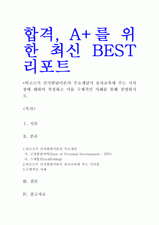 비고츠키 인지발달이론의 주요개념이 유아교육에 주는 시사점에 대하여 작성하고 이를 구체적인 사례를 통해 설명하시오