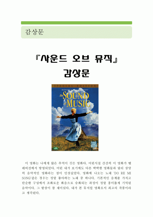 사운드 오브 뮤직 감상 및 분석 (사운드 오브 뮤직 영화감상문,사운드오브뮤직 감상문,사운드 오브 뮤직 줄거리,사운드 오브 뮤직을 보고,사운드 오브 뮤직 해석,비평,이해)