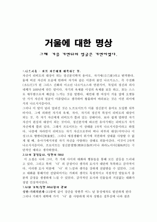 [독후감, 비평문] 『거울에 대한 명상』 - 그해 가을 가면뒤의 얼굴은 가면이였다 _ 김영하 저