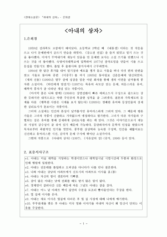 [현대소설론] 「아내의 상자」- 은희경