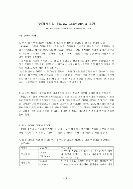 성격심리학 Review Questions 제1~22장 & 소감