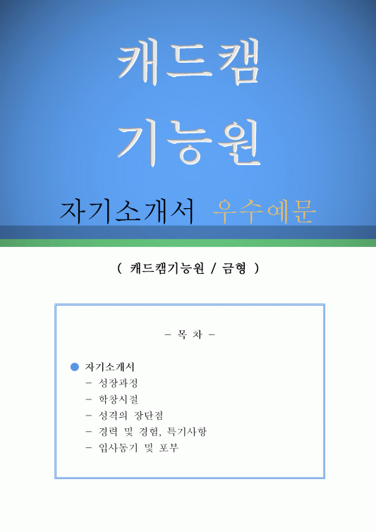 [캐드캠 기능원 자기소개서 우수예문] 캐드캠 기능원 자소서 (캐드캠 전문가 자기소개서,캐드캠 기술자 자기소개서,금형 자소서,캐드캠기능원 합격예문,자소서 샘플)