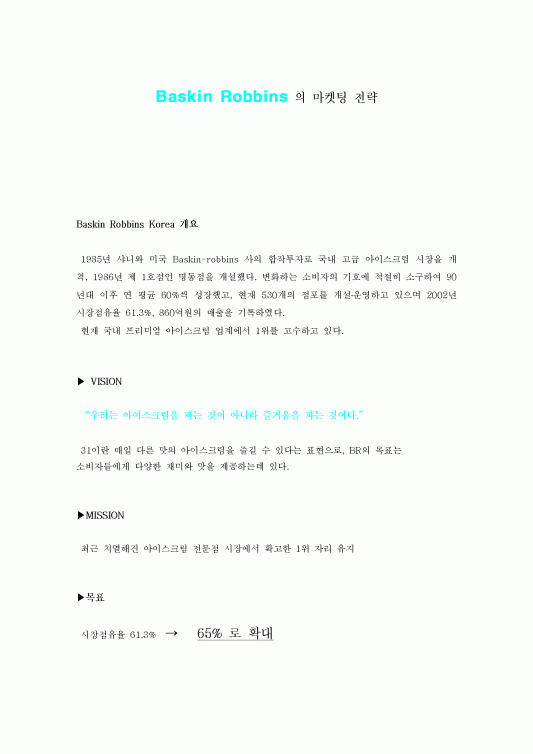 배스킨라빈스(베스킨라빈스 / Baskin Robbins)의 마켓팅 전략 (외부 환경 분석, SWOT　분석, STP 전략 분석)
