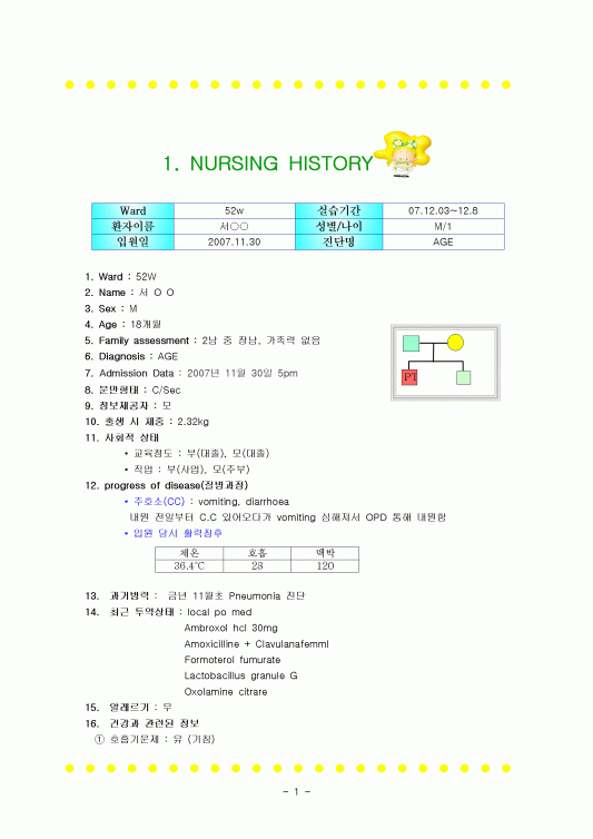 아동간호실습 급성위장염 Acute gastroenteritis 케이스스터디