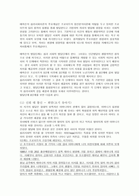 에릭슨(Erikson) 심리사회이론 (에릭슨에 근거하여 성격을 분석해서 작성한 글입니다)