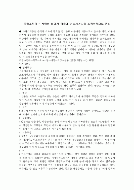 동물조직학 - 사람의 입에서 항문에 이르기까지를 조직학적으로 정리
