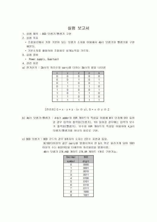 (디지털 실험 보고서) BCD 덧셈기/뺄셈기 구현 (덧셈기 뺄셈기 설계 구현, 반가산기, 가산기, BCD, 세크먼트)