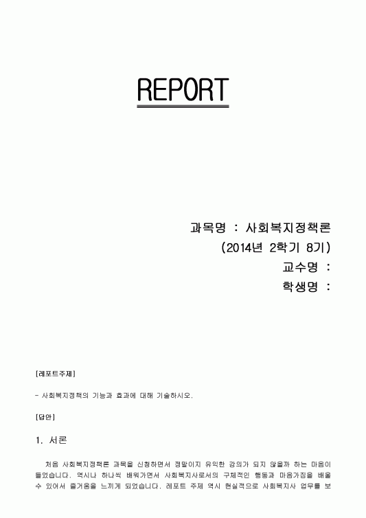 [사회복지정책론] 사회복지정책의 기능과 효과
