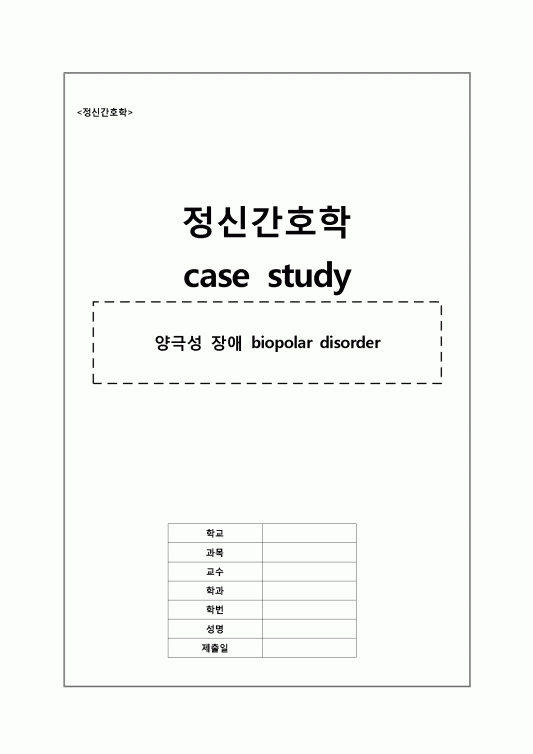 [정신간호학 실습] 양극정상 장애 (biopolar disorder) 케이스 스터디 (case study) - 주증상 : talkative, aggressive behavior, imitable mood, sleep disturbance