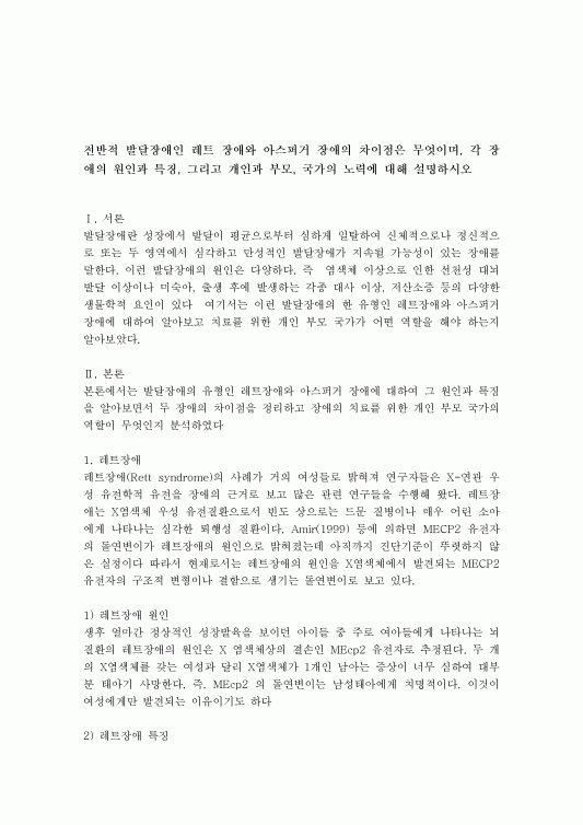 전반적 발달장애인 레트 장애(Rett Disorder)와 아스퍼거 장애(Asperger Disorder)의 차이점은 무엇이며, 각 장애의 원인과 특징, 그리고 개인과 부모, 국가의 노력에 대해 설명하시오