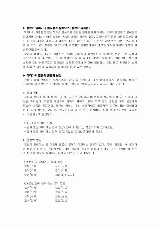 정확한 말하기의 필요성  정확한 말하기의 필요성과 장애요소 (정확한 발음법), 여러가지 발음의 종류와 현상, 우리가 자주 쓰는 발음의 오류 5가지