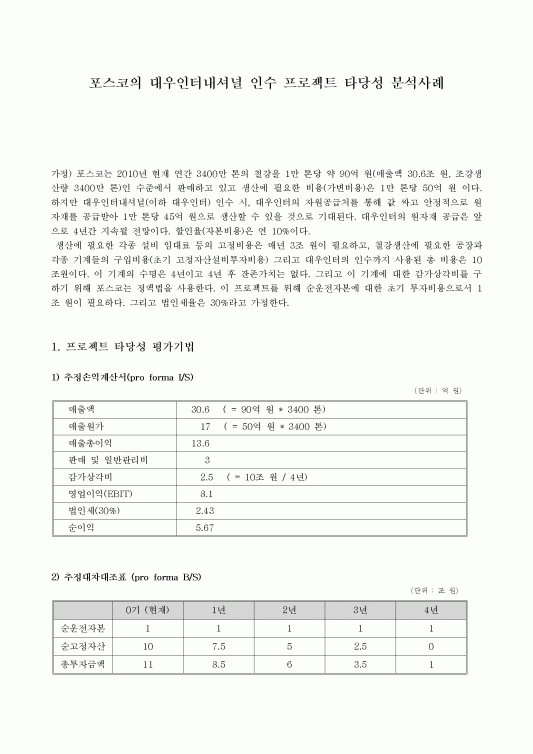 포스코의 대우인터내셔널 인수 프로젝트 타당성 분석사례