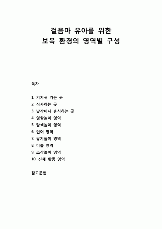 [보육학개론(保育學槪論)] 걸음마 유아를 위한 보육 환경의 영역별 구성 (기저귀 가는 곳, 식사하는 곳, 낮잠, 휴식 하는 곳, 역할놀이 영역, 탐색놀이 영역, 언어 영역, 쌓기 놀이 영역, 미술 영역, 조작놀이 영역,