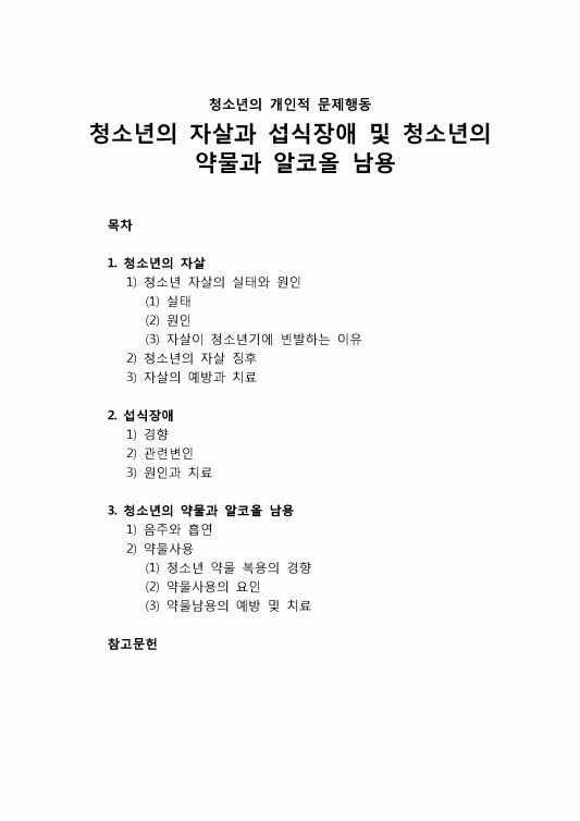 [청소년교육개론] 청소년teenagers의 개인적 문제행동 - 청소년의 자살과 섭식장애 및 청소년의 약물과 알코올 남용