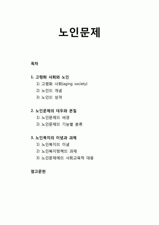 [현대사회문제] 노인문제 - 고령화 사회(aging society)와 노인(노인의 개념과성격), 노인문제의 배경(대두)와 본질 및 분류, 노인복지의 이념과 과제