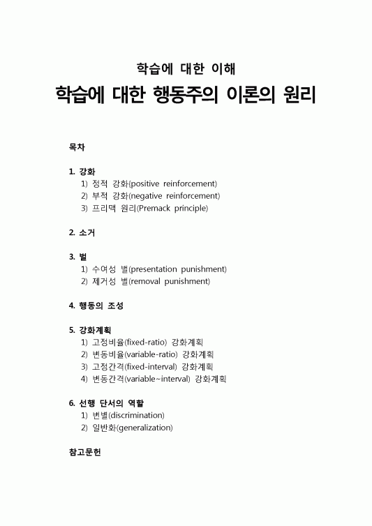 [교육심리학] 학습에 대한 행동주의(行動主義) 이론의 원리 - 강화(정적 강화, 부적 강화, 프리맥 원리), 벌(수여성 벌, 제거성 벌), 행동의 조성, 강화계획(고정비율, 변동비율, 고정간격, 변동간격), 선행 단서의
