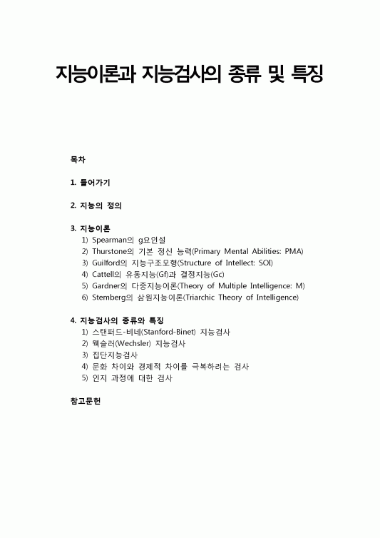[교육심리학] 「지능이론과 지능검사의 종류 및 특징」 지능의 정의, 지능이론(g요인설, 기본정신능력, 지능구조모형, 유동지능과 결정지능, 다중지능이론, 삼원지능이론), 지능검사의 종류와 특징