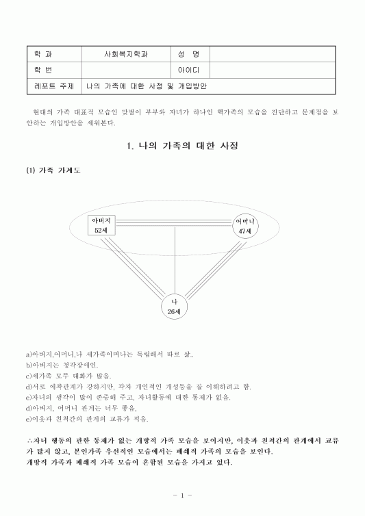 나의 가족에 대한 사정 및 개입방안 (사회복지)