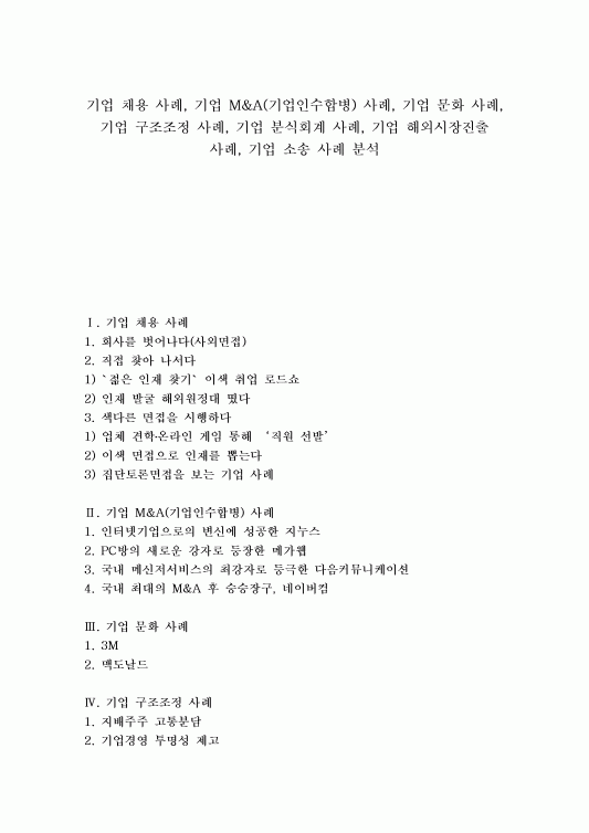 [기업 사례][기업][채용][M&A][문화][구조조정]기업 채용 사례, 기업 M&A(기업인수합병) 사례, 기업 문화 사례, 기업 구조조정 사례, 기업 분식회계 사례, 기업 해외시장진출 사례, 기업 소송 사례 분석