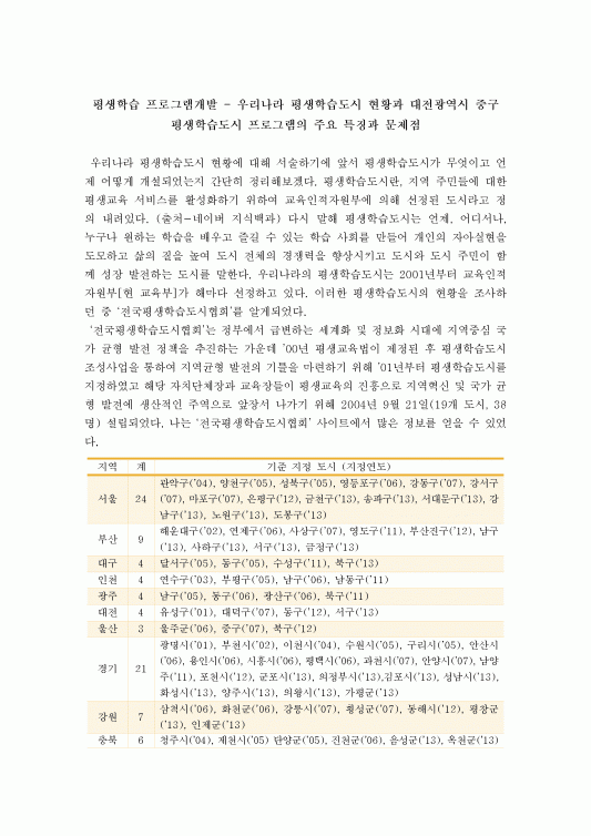 평생학습 프로그램개발 - 우리나라 평생학습도시 현황과 대전광역시 중구 평생학습도시 프로그램의 주요 특징과 문제점