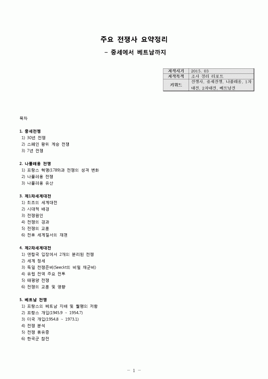 중세 전쟁에서 베트남전까지의 주요 전쟁사 요약정리 {중세전젱, 나폴레옹 전쟁, 제1·2차세계대전, 베트남 전쟁}