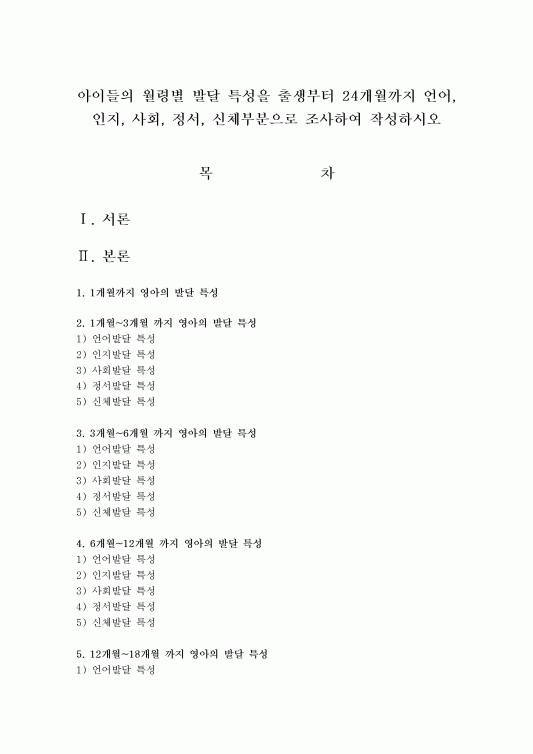 아이들의 월령별 발달 특성을 출생부터 24개월까지 언어,  인지,  사회,  정서,  신체부분으로 조사하여 작성 - 월령별 발달