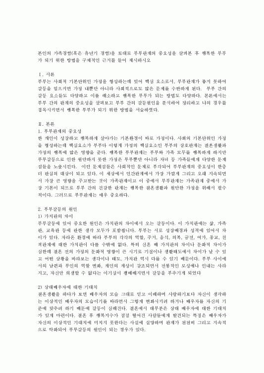 부부관계 : 본인의 가족경험(혹은 유년기 경험)을 토대로 부부관계의 중요성을 살펴본 후 행복한 부부가 되기 위한 방법을 구체적인 근거를 들어 제시하시오